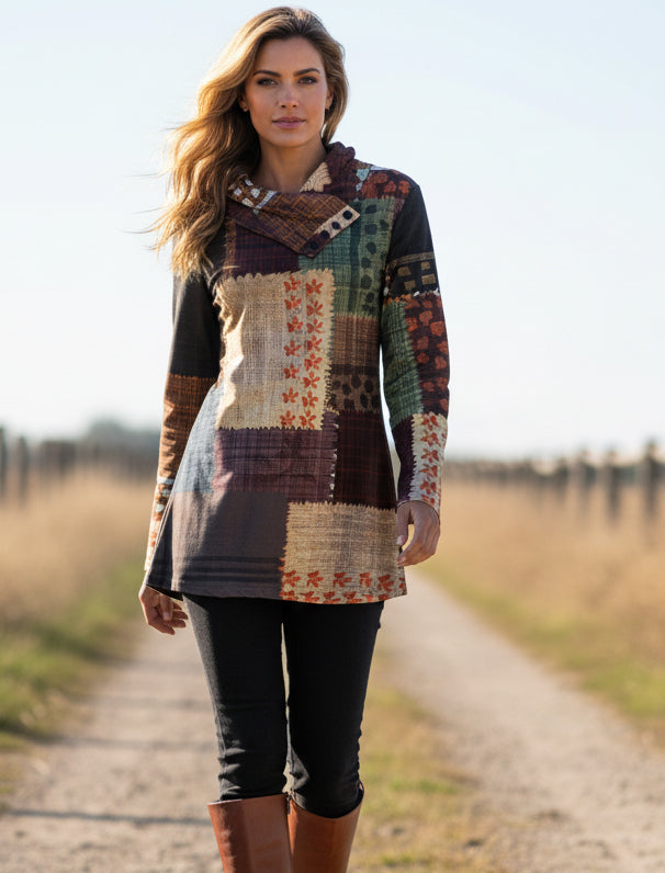 Classic Cowl Neck Tunic-Brown Beige Multi Patched – Lily by Firmiana